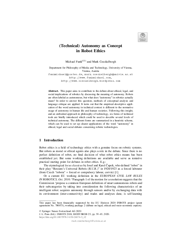 (PDF) (Technical) Autonomy as Concept in Robot Ethics | Michael Funk ...