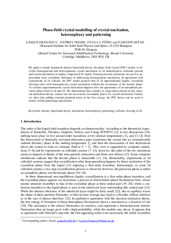 (PDF) Phase-field crystal modelling of crystal nucleation, heteroepitaxy and patterning