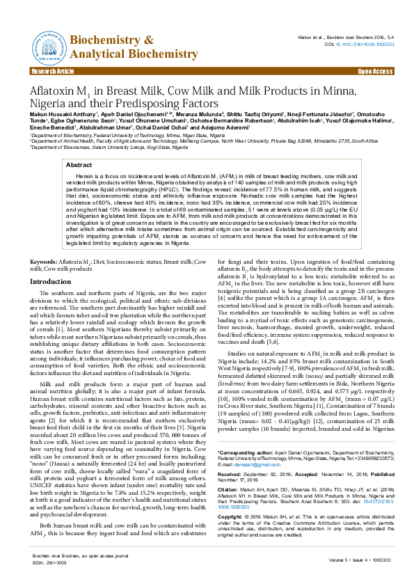(PDF) Aflatoxin M1 in Breast Milk, Cow Milk and Milk Products in Minna, Nigeria and their ...