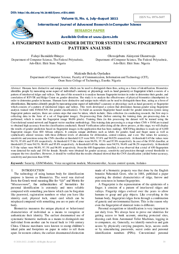 Pdf A Fingerprint Based Gender Detector System Using Fingerprint Pattern Analysis