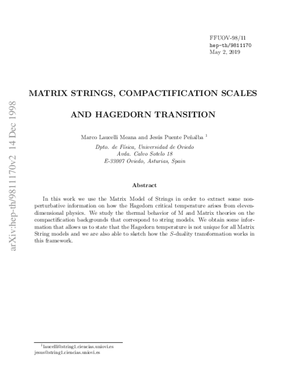 (PDF) Matrix strings, compactification scales and Hagedorn transition