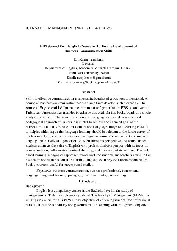 (PDF) BBS Second Year English Course in TU for the Development of ...