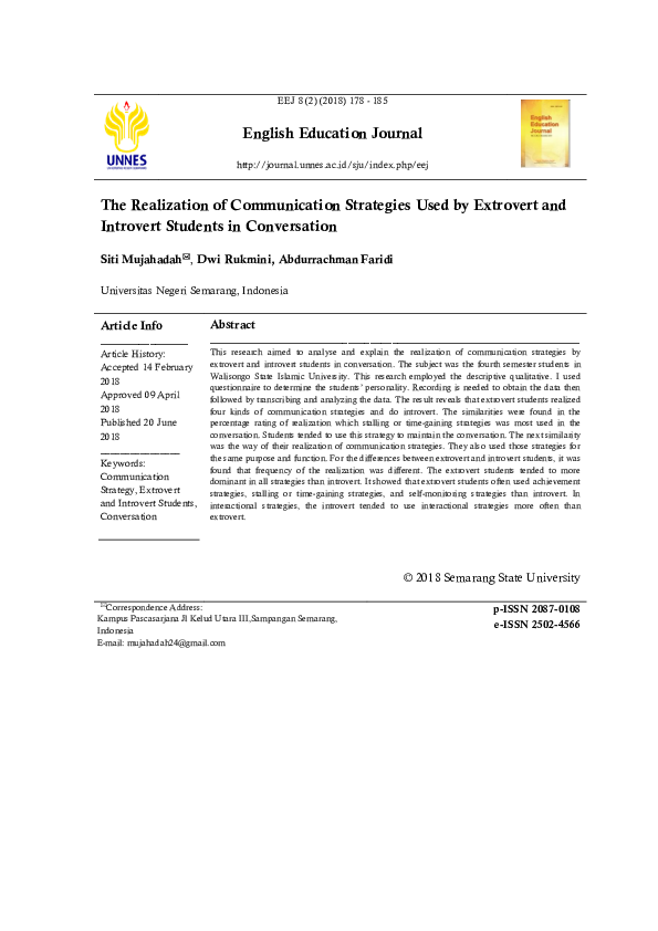 (PDF) The Realization of Communication Strategies Used by Extrovert and Introvert Students in ...