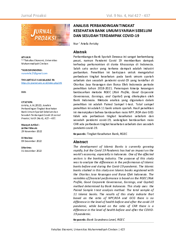 (PDF) Analisis Perbandingan Tingkat Kesehatan Bank Umum Syariah Sebelum Dan Sesudah Terdampak ...