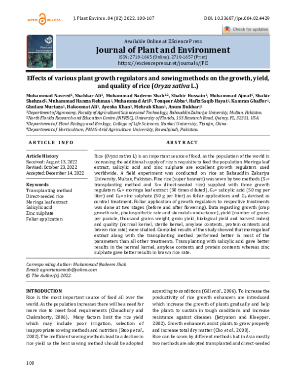 Pdf Effects Of Various Plant Growth Regulators And Sowing Methods On