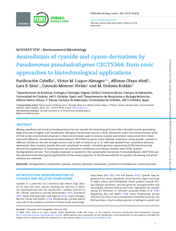 (PDF) Assimilation of cyanide and cyano-derivatives by Pseudomonas ...