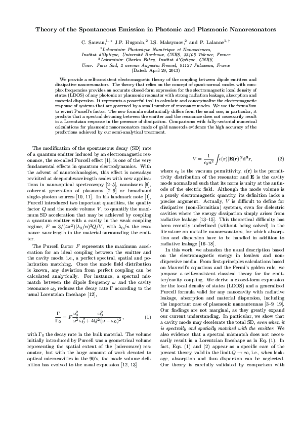 (PDF) Theory of the Spontaneous Emission in Photonic and Plasmonic Nanoresonators