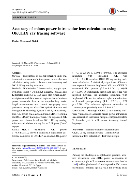 (PDF) Accuracy of minus power intraocular lens calculation using OKULIX ray tracing software
