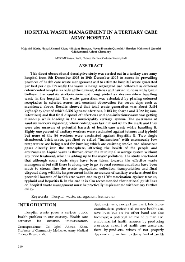 (PDF) Hospital Waste Management In a Tertiary Care Army Hospital