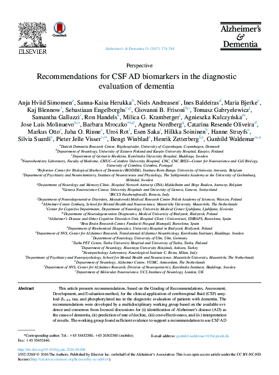 (PDF) Recommendations for CSF AD biomarkers in the diagnostic evaluation of dementia