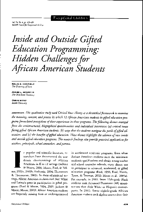 (PDF) Inside and outside Gifted Education Programming: Hidden Challenges for African American ...