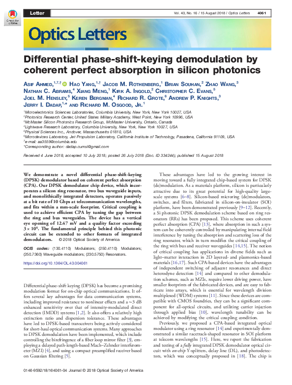 Pdf Differential Phase Shift Keying Demodulation By Coherent Perfect Absorption In Silicon