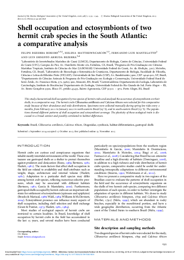 (PDF) Shell occupation and ectosymbionts of two hermit crab species in ...