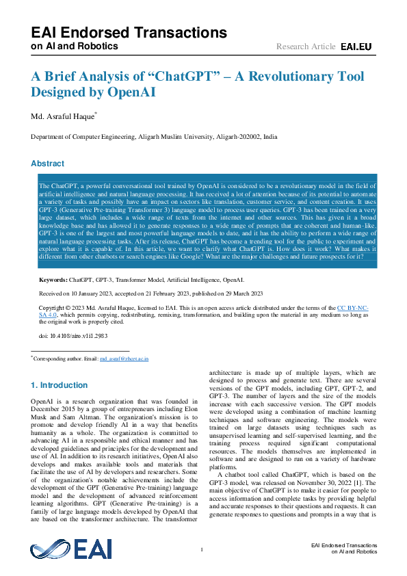 (PDF) A Brief Analysis of “ChatGPT” – A Revolutionary Tool Designed by OpenAI