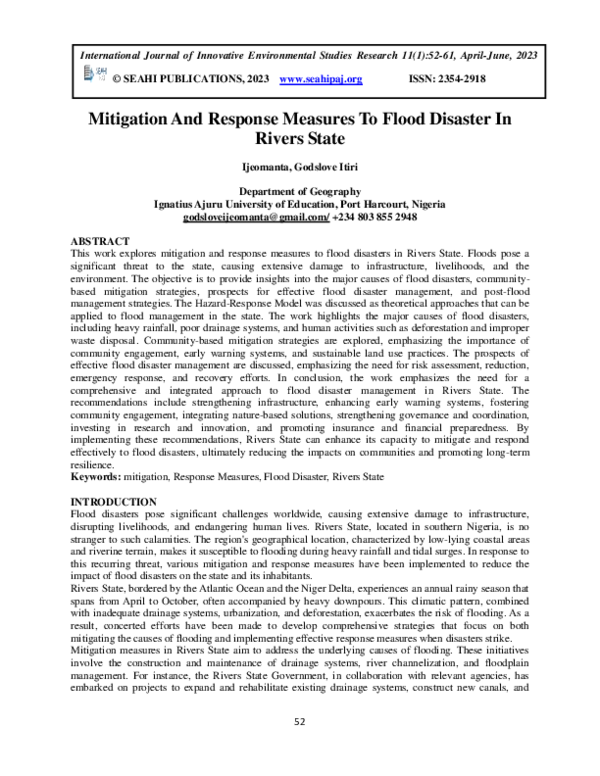 (PDF) Mitigation And Response Measures To Flood Disaster In Rivers State