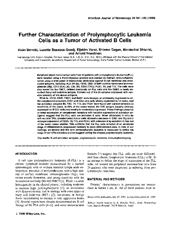 (PDF) Further characterization of prolymphocytic leukemia cells as a ...