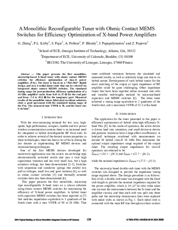 Pdf A Monolithic Reconfigurable Tuner With Ohmic Contact Mems