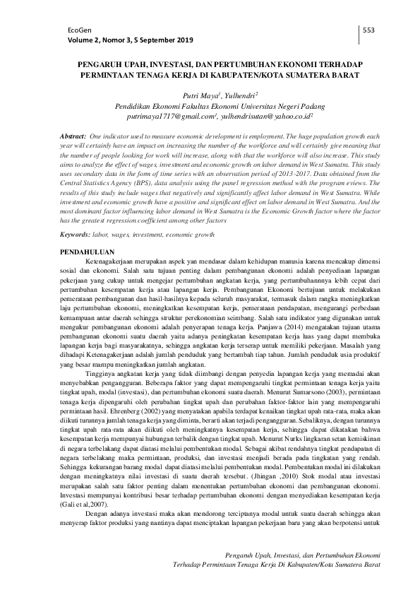 (PDF) Pengaruh Upah, Investasi, Dan Pertumbuhan Ekonomi Terhadap Permintaan Tenaga Kerja DI ...