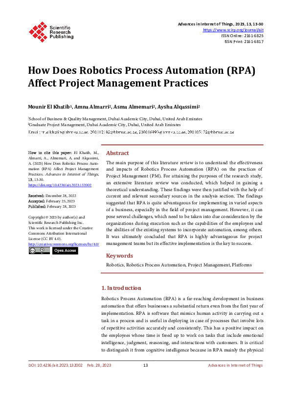 Pdf How Does Robotics Process Automation Rpa Affect Project Management Practices