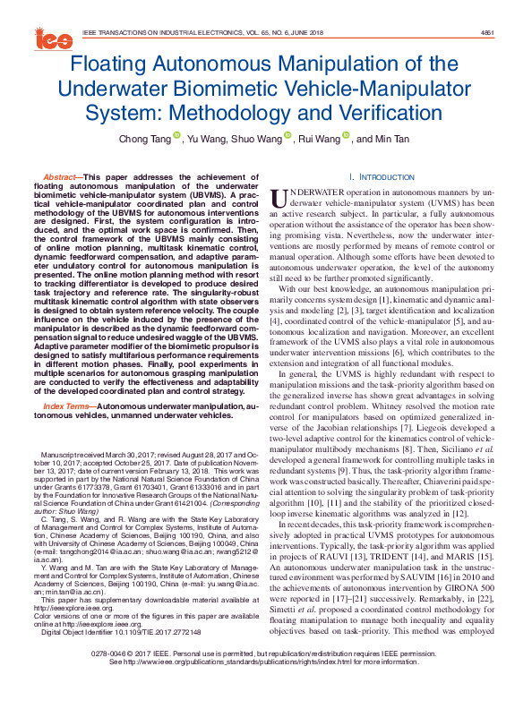 Pdf Floating Autonomous Manipulation Of The Underwater Biomimetic Vehicle Manipulator System