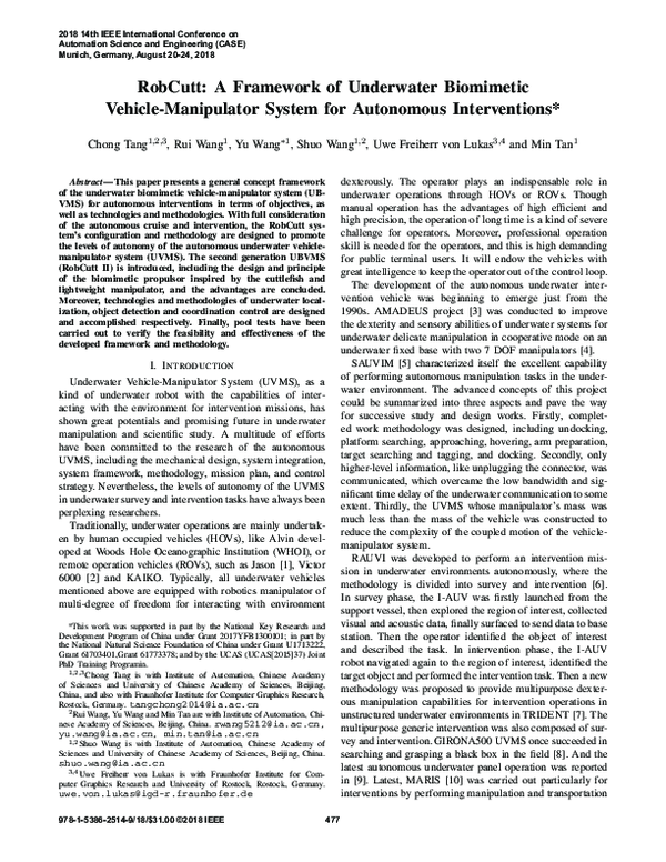 (PDF) RobCutt: A Framework of Underwater Biomimetic Vehicle-Manipulator System for Autonomous ...
