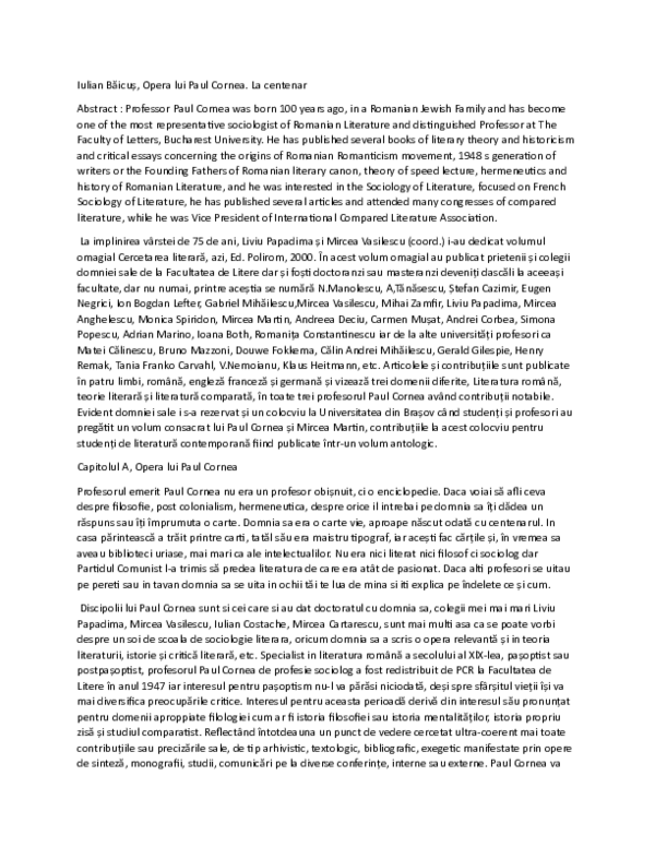 (DOC) Iulian Băicuș, Opera lui Paul Cornea