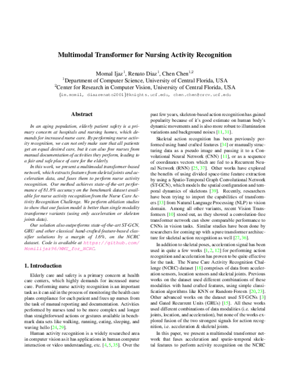 (PDF) Multimodal Transformer for Nursing Activity Recognition