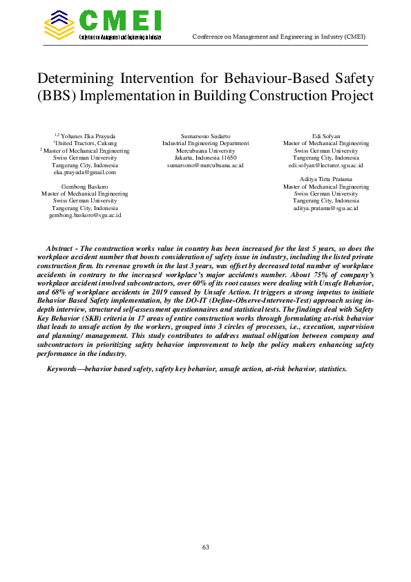 Pdf Determining Intervention For Behaviour Based Safety Bbs Implementation In Building