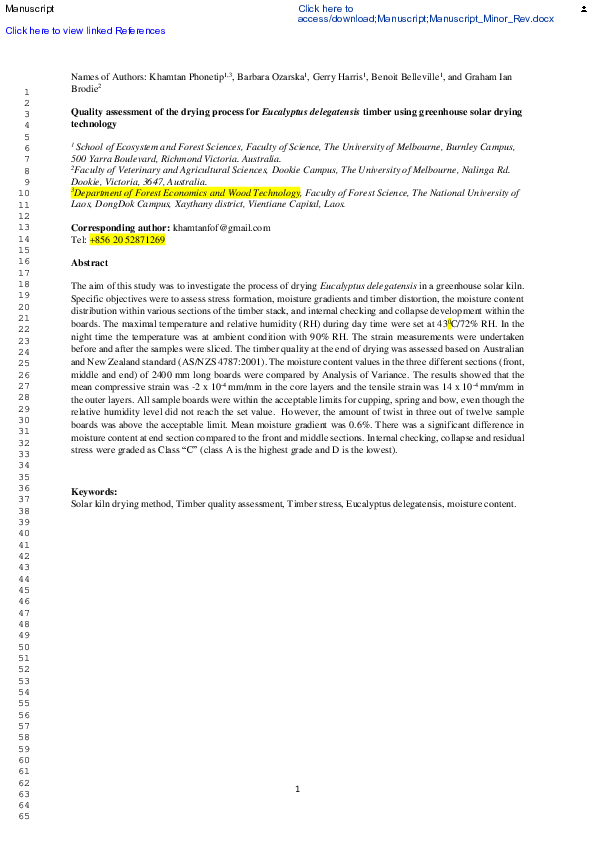 Pdf Quality Assessment Of The Drying Process For Eucalyptus Delegatensis Timber Using