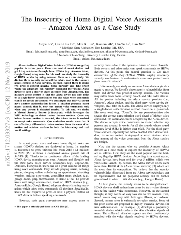 (PDF) The Insecurity of Home Digital Voice Assistants - Amazon Alexa as ...
