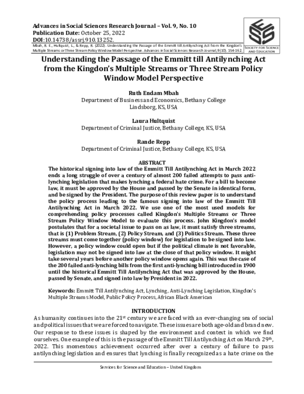 (PDF) Understanding the Passage of the Emmitt till Antilynching Act ...
