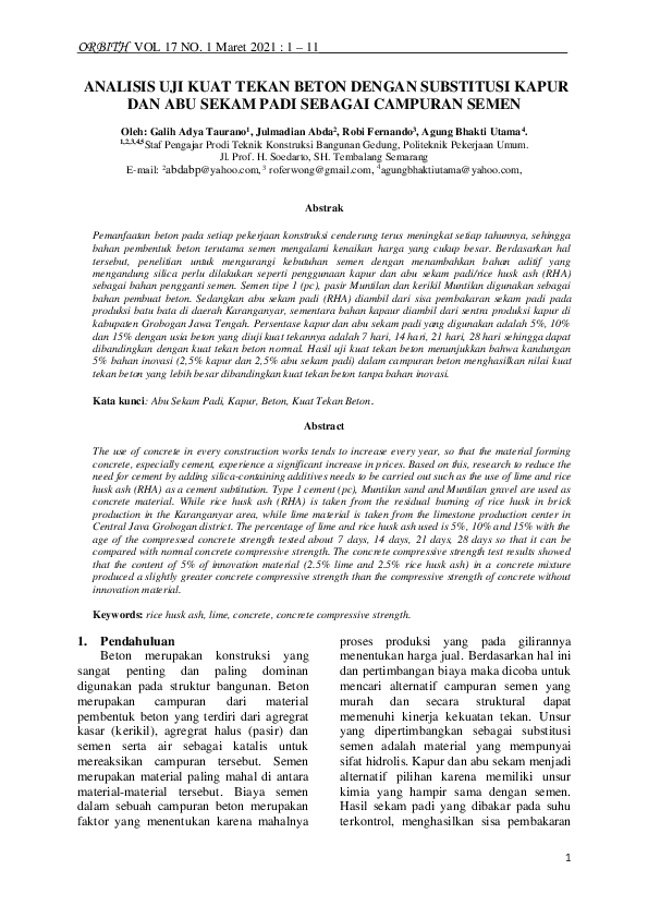 (PDF) Analisis Uji Kuat Tekan Beton Dengan Substitusi Kapur Dan Abu Sekam Padi Sebagai Campuran ...