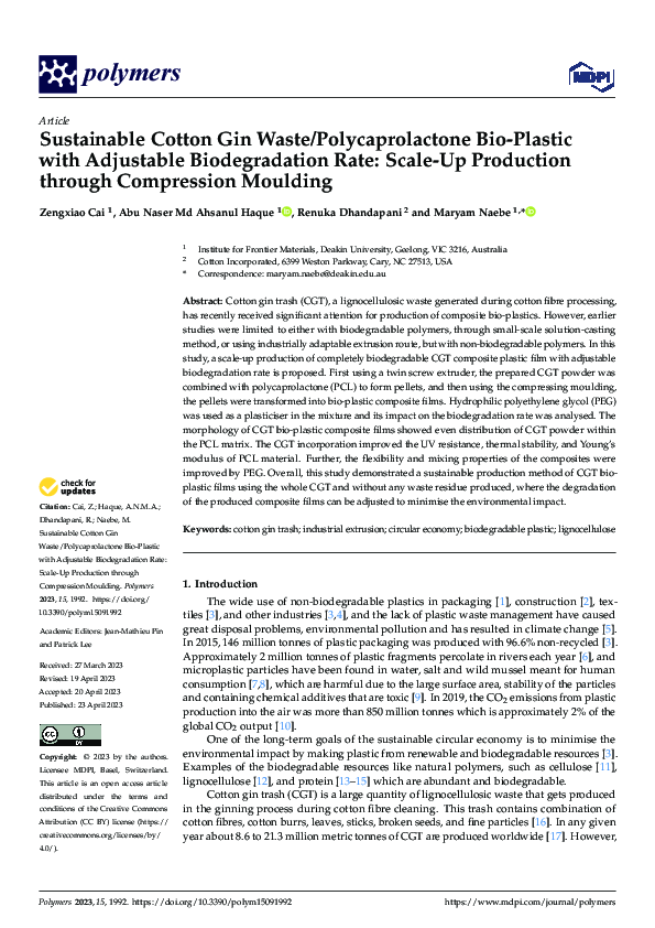 (PDF) Sustainable Cotton Gin Waste/Polycaprolactone Bio-Plastic with ...