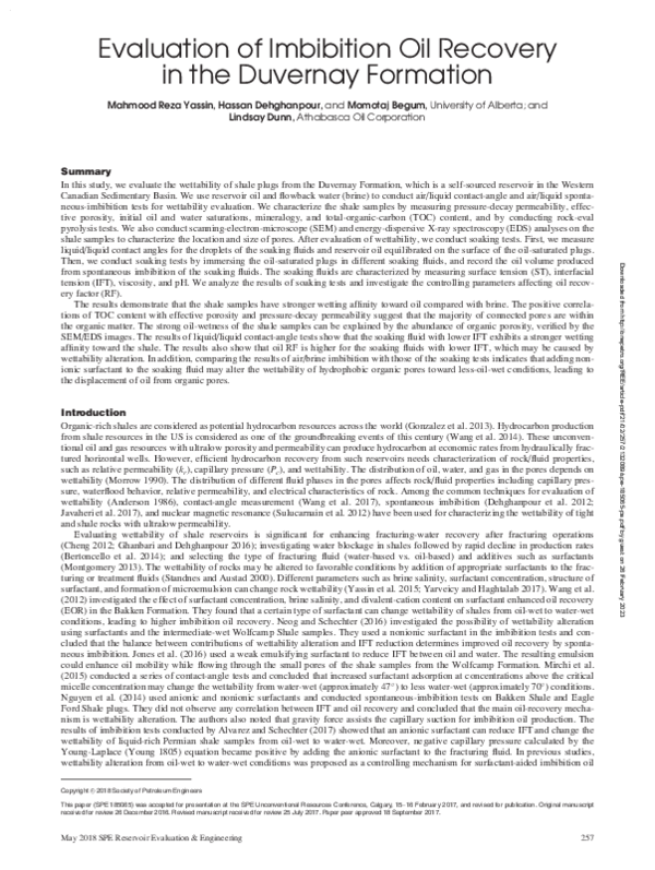 (PDF) Evaluation of Imbibition Oil Recovery in the Duvernay Formation