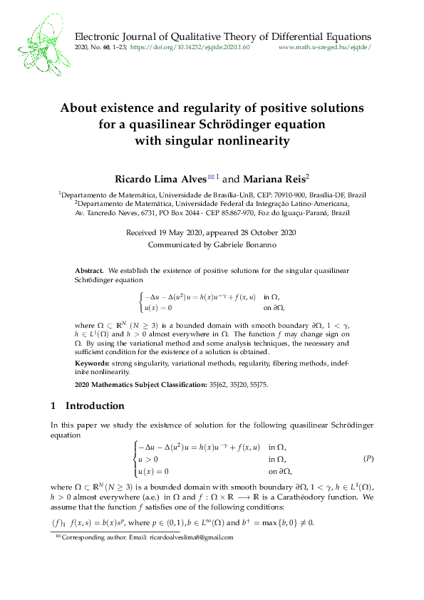 (PDF) About existence and regularity of positive solutions for a quasilinear Schrödinger ...