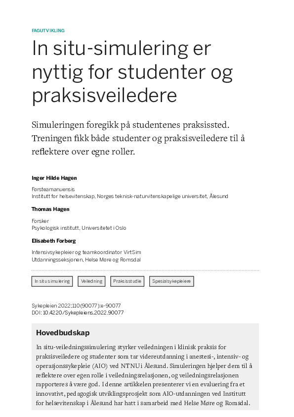 (PDF) In situ-simulering er nyttig for studenter og praksisveiledere