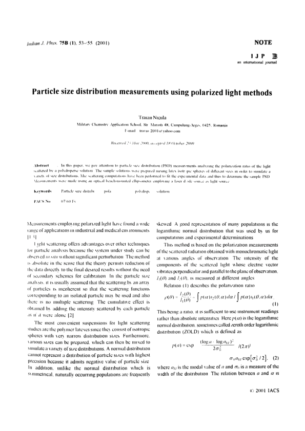 (PDF) Particle Size Distribution Measurements using Polarized Light Methods