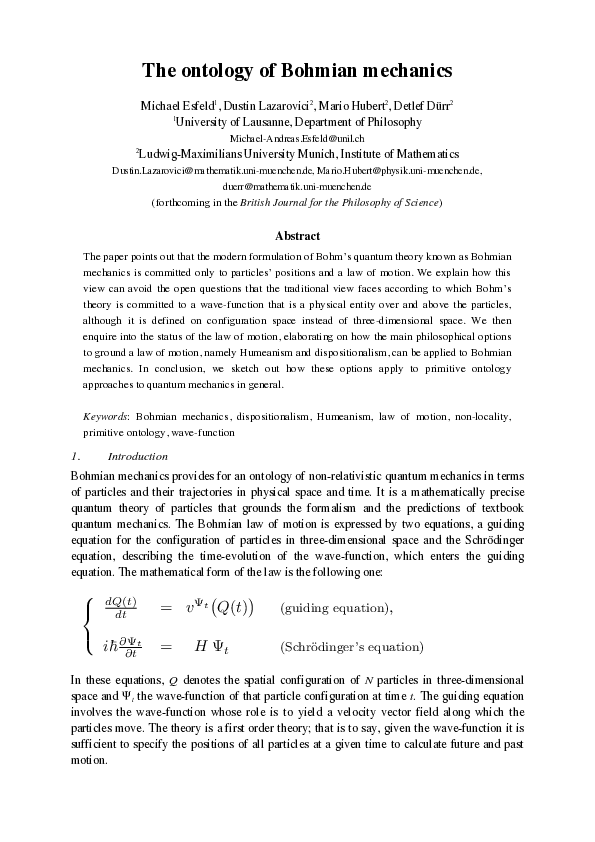 (PDF) The Ontology of Bohmian Mechanics | Dustin Lazarovici - Academia.edu