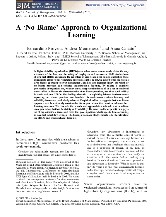 (PDF) A ‘No Blame’ Approach to Organizational Learning | Andrea Montefusco - Academia.edu