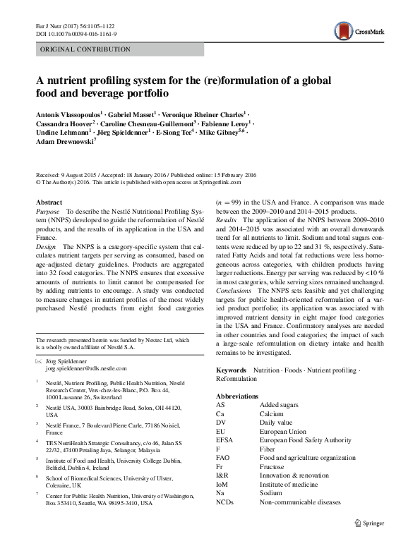 Pdf A Nutrient Profiling System For The Re Formulation Of A Global Food And Beverage