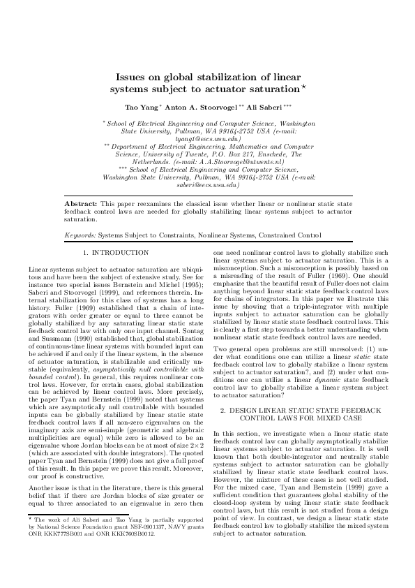 (PDF) Issues on global stabilization of linear systems subject to actuator saturation | Ali ...