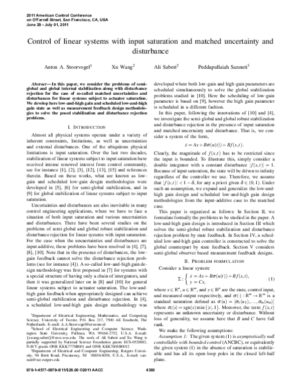 (PDF) Control of linear systems with input saturation and matched ...