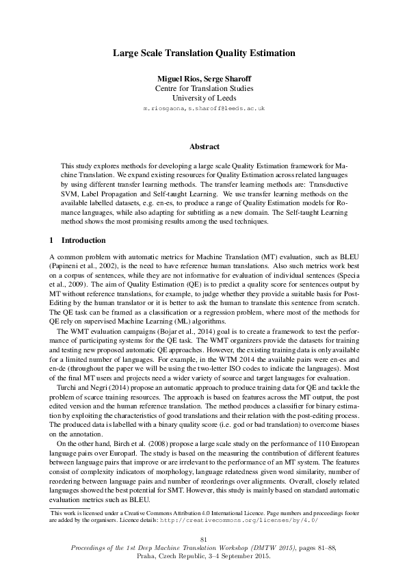 (PDF) Large Scale Translation Quality Estimation