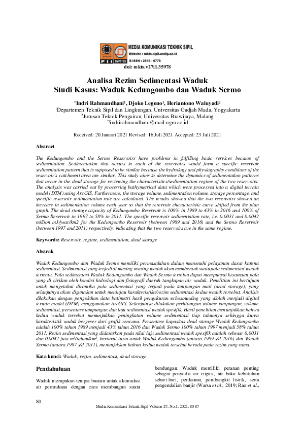 (PDF) Reservoir sedimentation regime analysis: case study of Kedungombo reservoir and Sermo ...