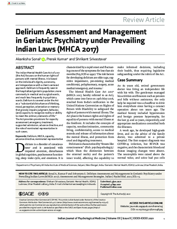 (PDF) Delirium Assessment and Management in Geriatric Psychiatry under ...
