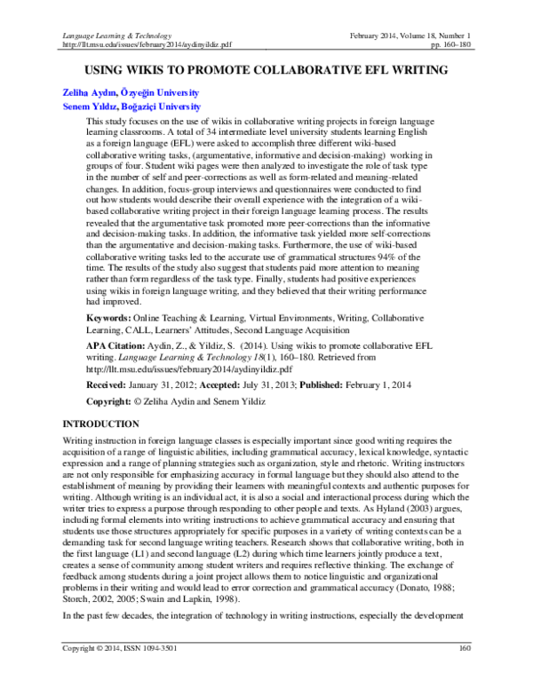 (PDF) Using wikis to promote collaborative EFL writing