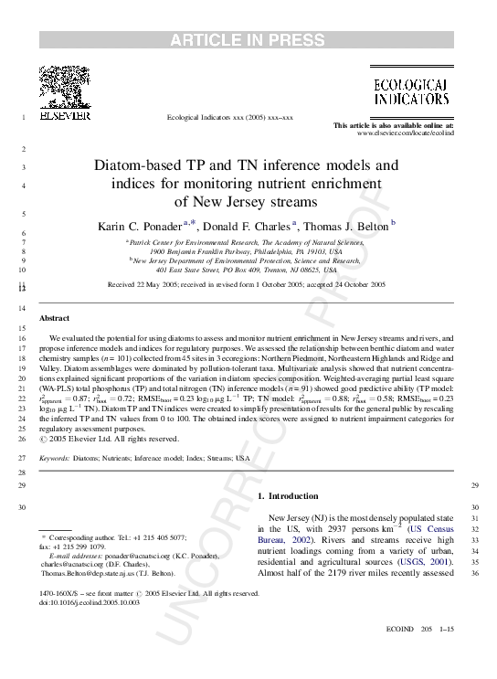 (PDF) Diatom-based TP and TN inference models and indices for monitoring nutrient enrichment of ...