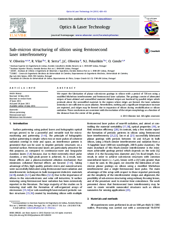 (PDF) Sub-micron structuring of silicon using femtosecond laser interferometry