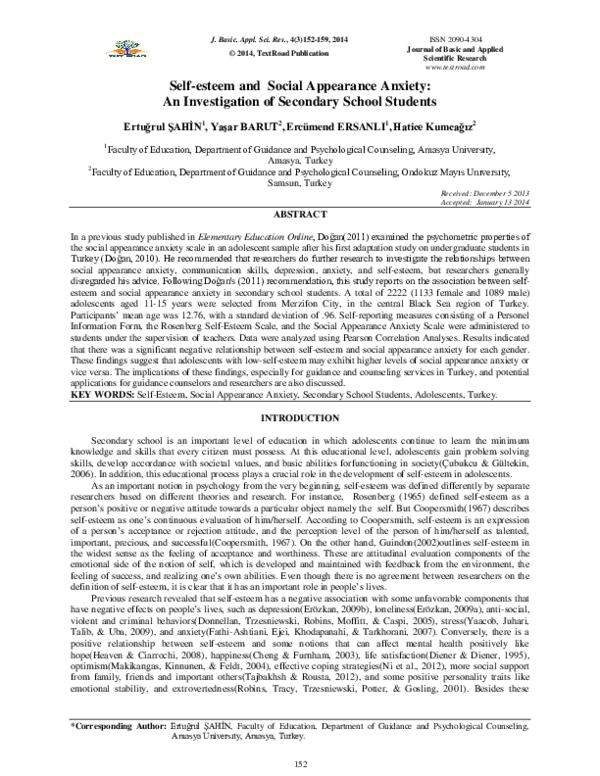 (PDF) Self-esteem and Social Appearance Anxiety: An Investigation of ...