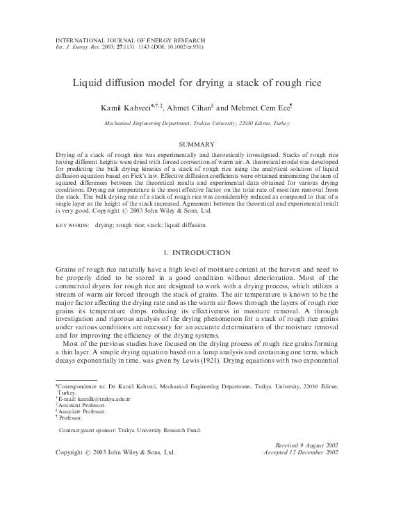 (PDF) Liquid diffusion model for drying a stack of rough rice